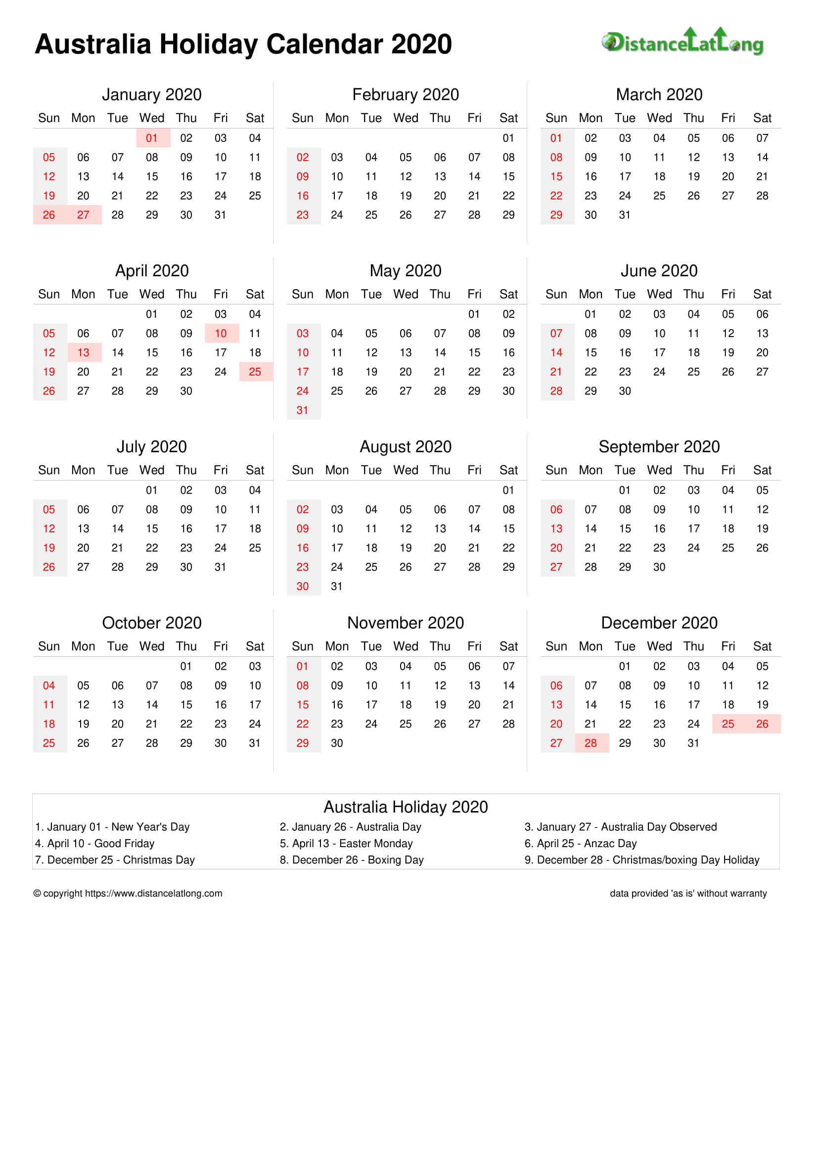 free Australia national holiday printable calendar template 2020 ...