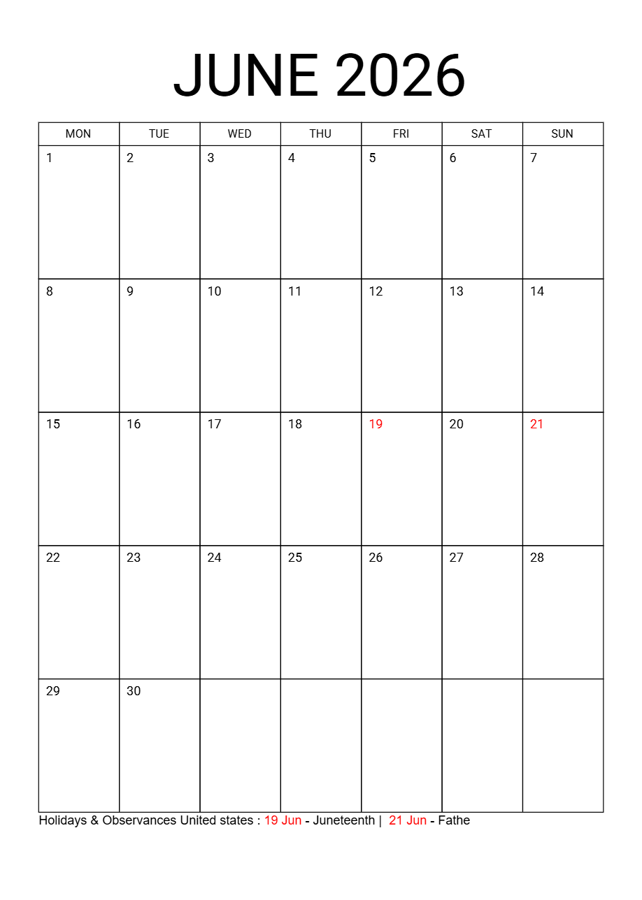 June 2026 Printable PNG Calendar